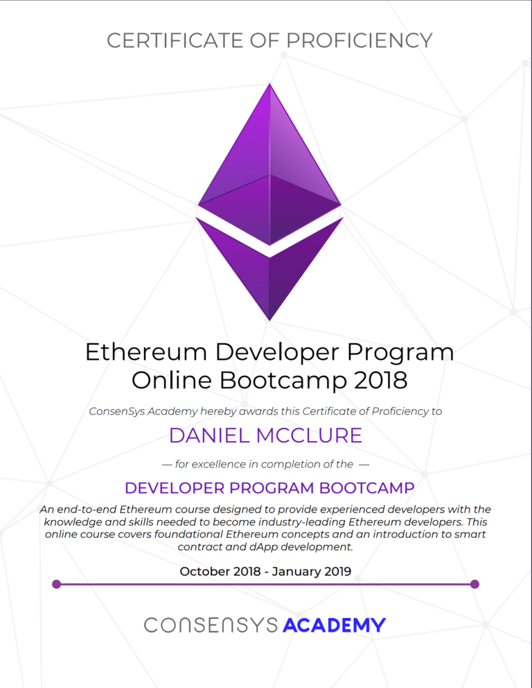 Certificate: ConsenSys Ethereum Developer Program — Daniel McClure